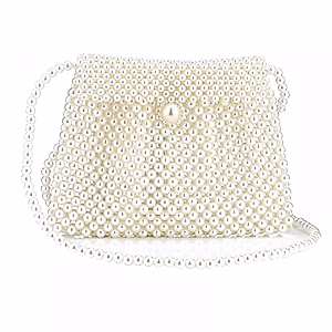 Pearl Crossbody Bag White Handmade Weave Pearl Purses Beaded Shoulder Bag for Women Girls Lady Beaded Clutch Evening Bag