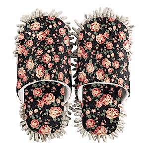 FLildon Microfiber Cleaning Slippers Blooming Roses Washable Mop Shoes Slipper for Men/Women House Floor Dust Cleaner, Size L