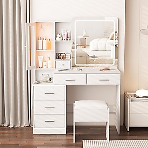 Fameill Makeup Vanity Desk with Mirror and Lights, White Vanity Table Set with Charging Station, Dressing Table with RGB Cabinet, Makeup Vanity Mirror with 5 Drawer, Hooks, Storage Shelves, Chair