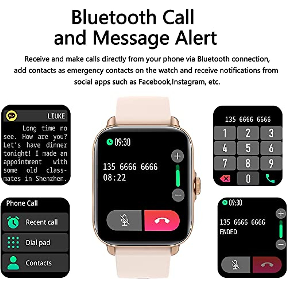 Ryscom Smart Watch for Woman Digital Social Networks Notifications Sports Luxury Casual Sports Call Bluetooth Calls Bluetooth goldesn Pink Notifications