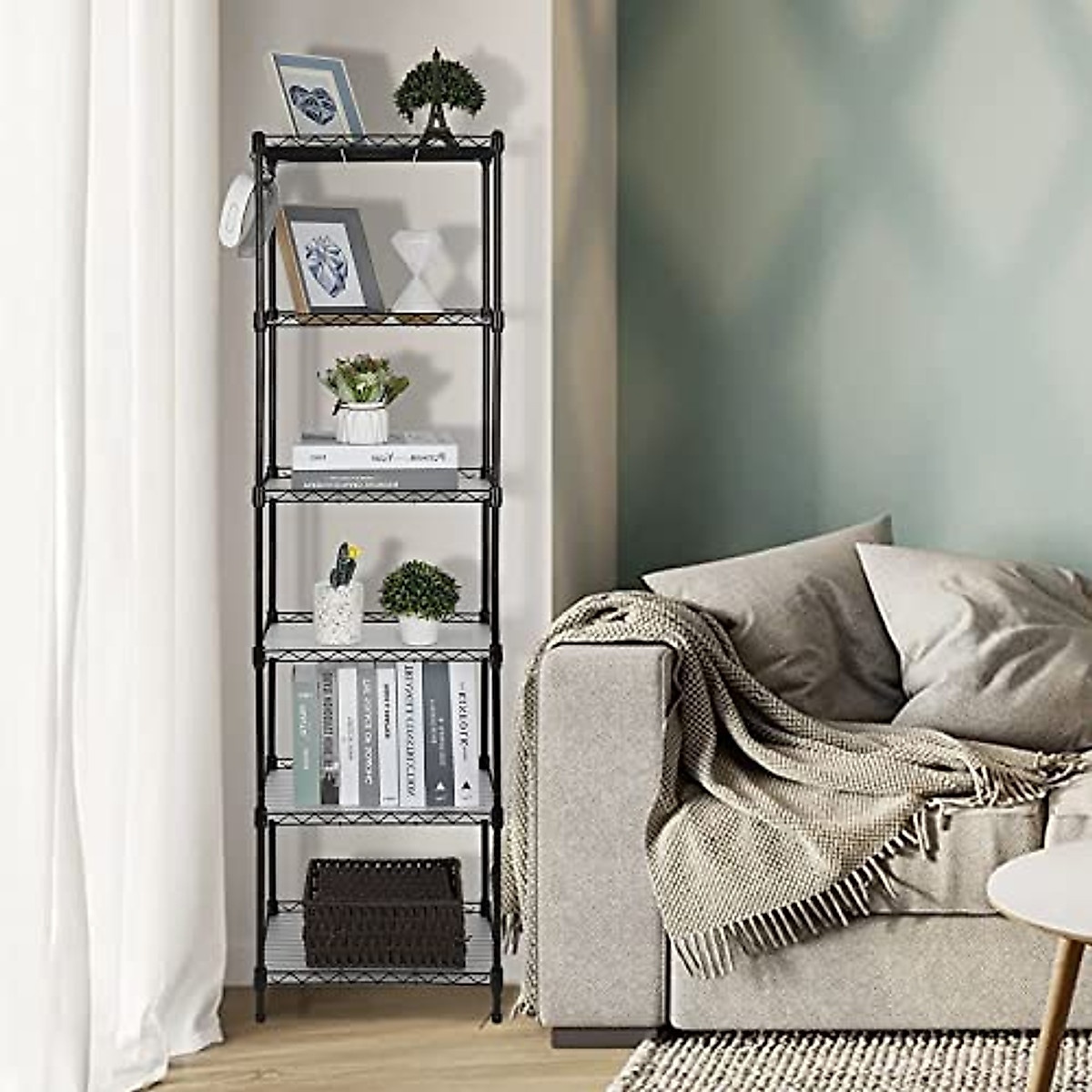 Best 6-Tier Wire Shelving - Black - Heavy Duty Shelf - Kitchen Storage Shelves, Wire Shelving Unit with Baskets Storage Rack Corner Shelf Shelving Adjustable Storage Shelf, 11.8" D x 15.7" W x 59" H