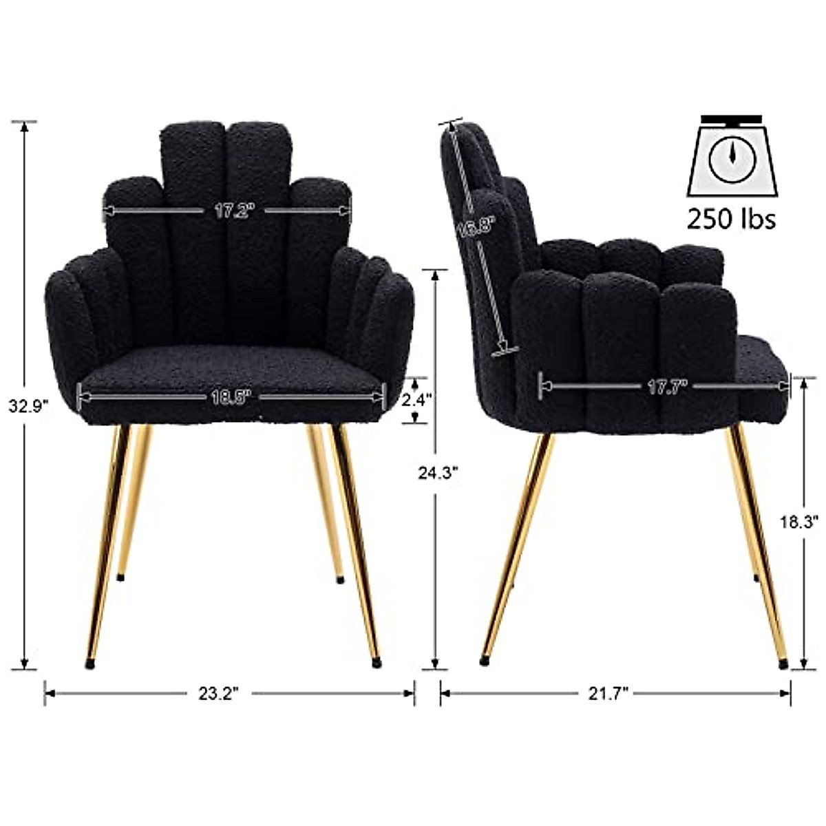 VESCASA Sherpa Accent Chairs with Petal Back, Mid-Century Modern Upholstered Dining Chairs with Arms, Makeup Vanity Chairs with Gold Metal Legs for Living Room/Bedroom, Set of 2, Black