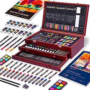 175 Piece Deluxe Art Set with 2 Drawing Pads, Acrylic Paints,Crayons,Colored Pencils,Paint Set in Wooden Case,Professional Art Kit,Art Supplies for Adults,Teens and Artist,Paint Supplies