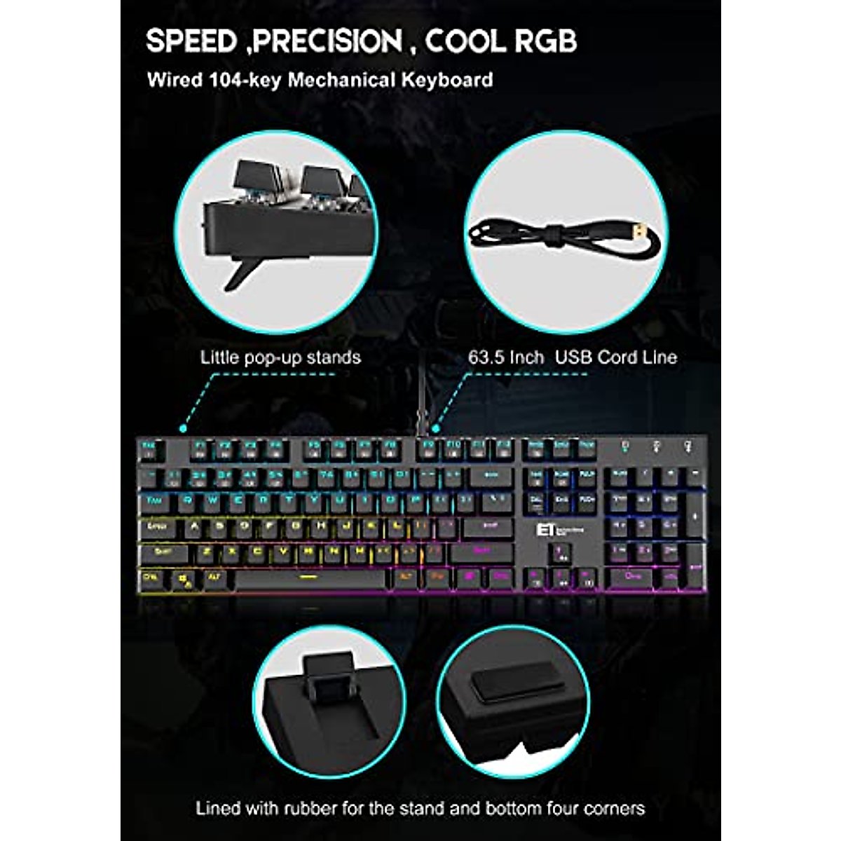 MIQ Mechanical Gaming Keyboard,Wired 104 Keys RGB Keyboard with Blue Switch, Programmable RGB Backlit for Windows Gaming PC