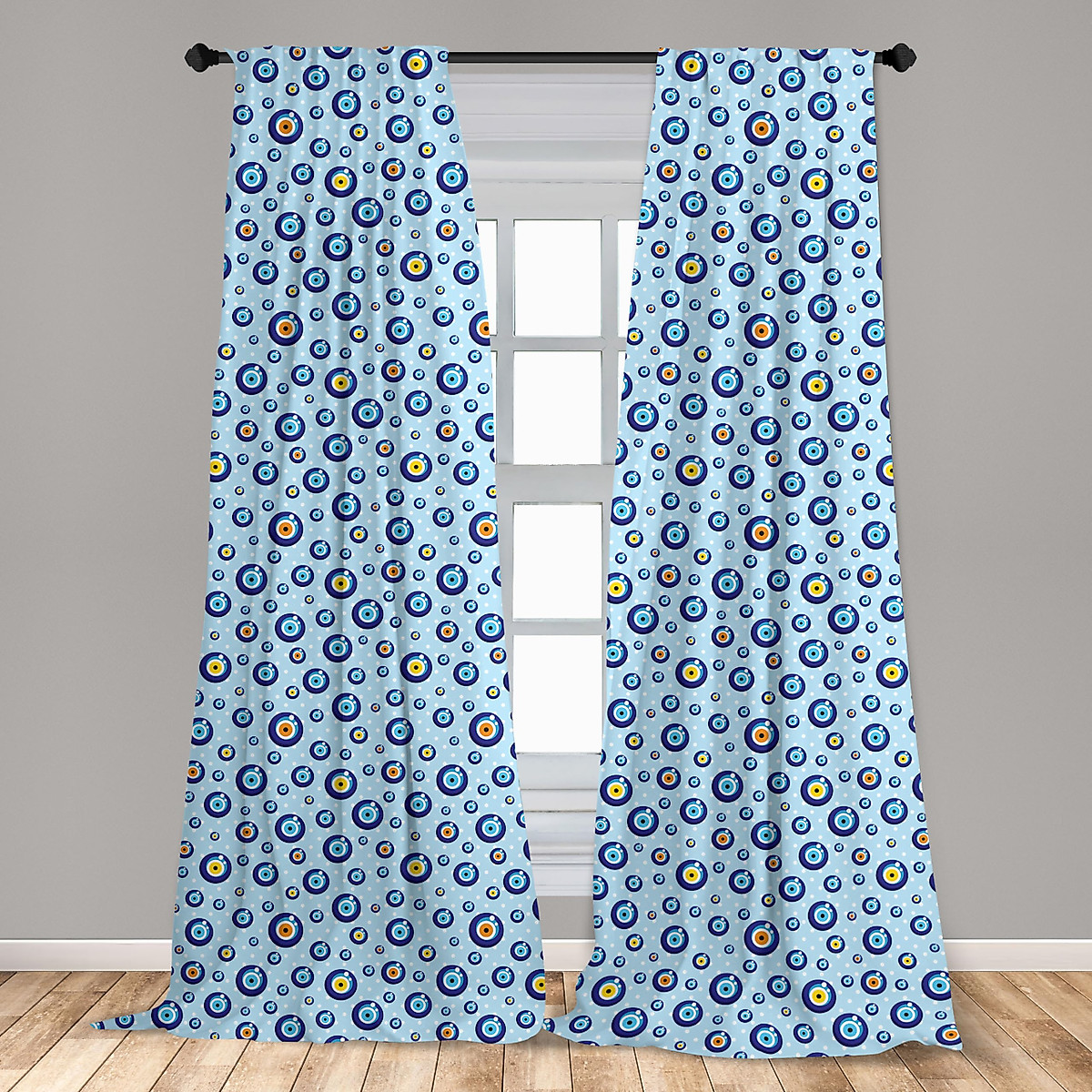 Ambesonne Evil Eye Window Curtains, Traditional Protection on Dotted Backdrop Celebration Theme, Lightweight Decor 2-Panel Set with Rod Pocket, Pair of - 28" x 84", Baby Blue