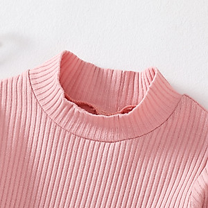 Madjtlqy Baby Girls Fall Winter 2Pcs Outfit Sets Ribbed Long Sleeve Pullover Tops + Plaid Suspender Skirt 12 18 24M 2T 3T 4T 5T (A-Pink, 4-5 Years)