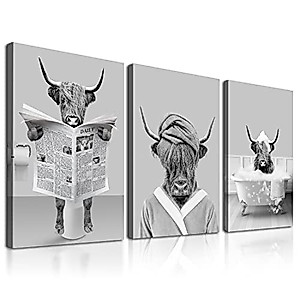 Grdenia Art Funny Bathroom Decor Prints Set of 3, Black and White Highland Cow Decor Reading Newspaper Take Bath Animal Poster Farmhouse Bathroom Restroom Decorations 8x10 UNFRAMED Housewarming Gift