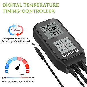 REPTITRIP Reptile Thermostat, Reptile Light Timer for Temperature and Lighting Control, Day-Night Timer Thermostat with Reptile Thermometer for UVB Light, Heat Lamp, Heating Pad, 10A 1250w