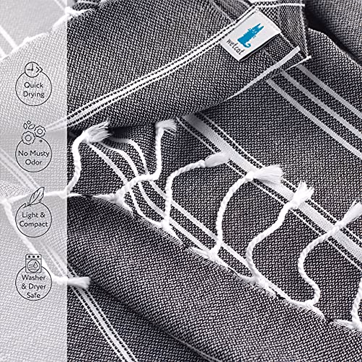 WETCAT Bundle: Turkish Hand Towels (20 x 30, Set of 2) and Turkish Bath Towel (38 x 71) - 100% Cotton, Prewashed for Soft Feel - Black and White Hand Towels & Black Bathroom Towels