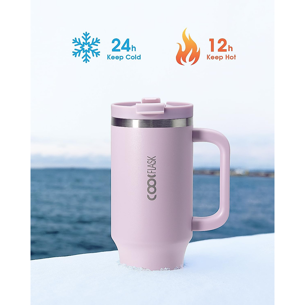 Coolflask 40 oz Tumbler with Handle and Straw Lid, Water Tumbler Insulated with 2-in-1 Leak-proof Lid, Coffee Tumbler Travel Mug Stainless Steel for Cup Holder, Keep Cold 24H Hot 12H, Purple