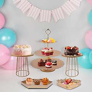 Gold Cake Stands Set Cake Pedestal Display Table Tiered Cupcake Holder Metal Round&Geometric Dessert Holder Set Candy Pastry Plate Decorating for Anniversary Wedding Birthday Party