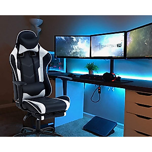 Vnewone Computer Gaming Chair Office PC Ergonomic Home Executive Desk Racing Rolling Swivel Task Adjustable High-Back PU Leather with Lumbar Support Footrest Headrest Armrest Massager, White