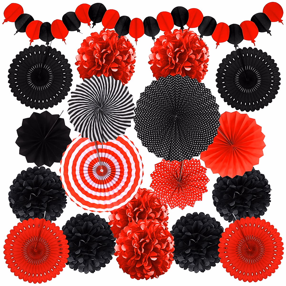 Recosis Red and Black Party Decorations, Papar Fans Pompoms Fans Garlands for Birthday Wedding Graduation Game Night Boy Girl Party Decorations