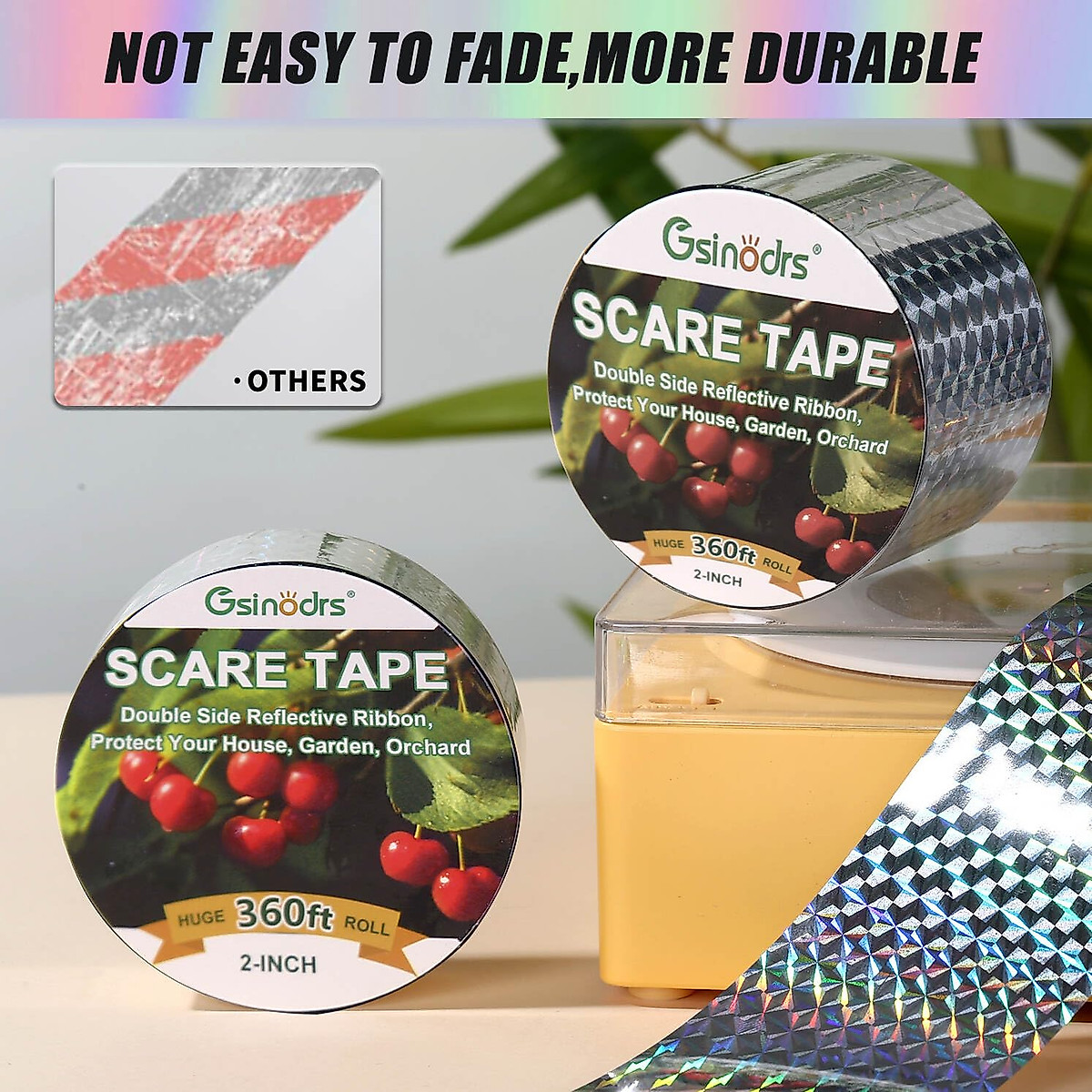 Bird Tape Repellent - Double Reflective Tape Ribbon, Bird Scare Tape, Effective Against Birds and Animals, Ideal for Gardens, Orchards, Farms and Outdoor Areas(2IN * 360FT)