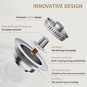 Universal Kitchen Sink Drain Strainer 3 in 1 【 304 Stainless Steel & Brass Material】 Pop Up Kitchen Sink Stopper with Metal Basket Strainer,Sink Strainer Stopper for US Standard 3 1/2" Kitchen Drain