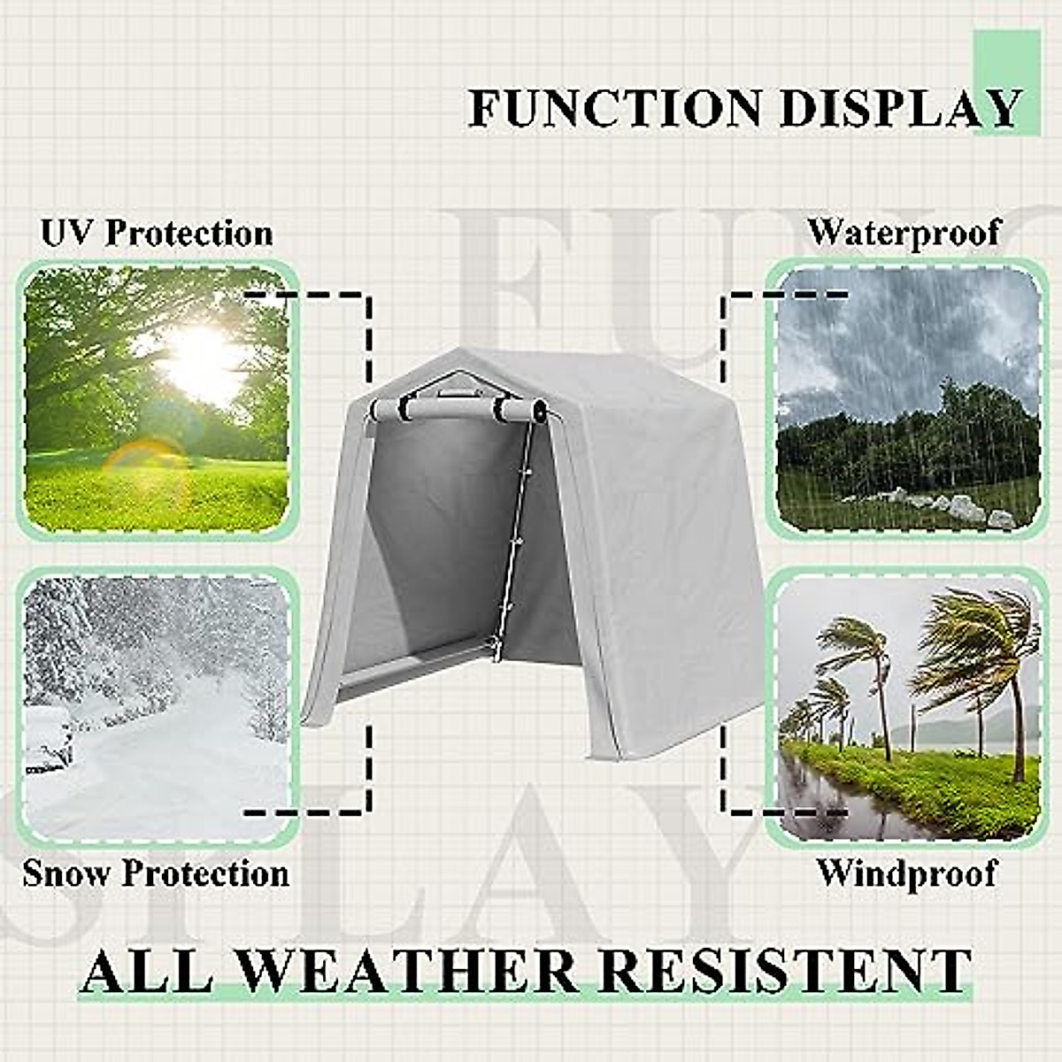 Devoko Storage Shed 6 x 6 x 7 FT Outdoor Portable Storage Bike Shed Waterproof Carport with Roll-up Zipper Door and Ventilated Windows for Bike, Motorcycle, and Gardening Tools (Grey)