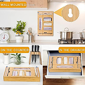 Plastic Wrap Dispenser with Cutter and Ziplock Bag organizer, TITETE 6 IN 1 Bamboo Foil and Wrap Dispenser with Cutter for Kitchen Drawer, for Gallon, Quart, Sandwich and Snack, 12" Kitchen Rolls