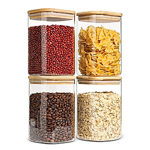 ComSaf Glass Storage Containers with Lids 37fl.oz, Glass Jars with Bamboo Lids, Clear Food Storage Jar, Glass Canister For Pantry Noodles Flour Cereal Rice Sugar Tea Coffee Beans, Square Set of 4