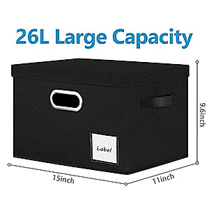 LHZK Large Storage Bins with Lids 6 Pack, Linen Fabric Storage Boxes with Lids, Foldable Storage Baskets with 3 Handles and Label Window for Shelves Bedroom Closet Office (15x11x9.6,Black,Beige)