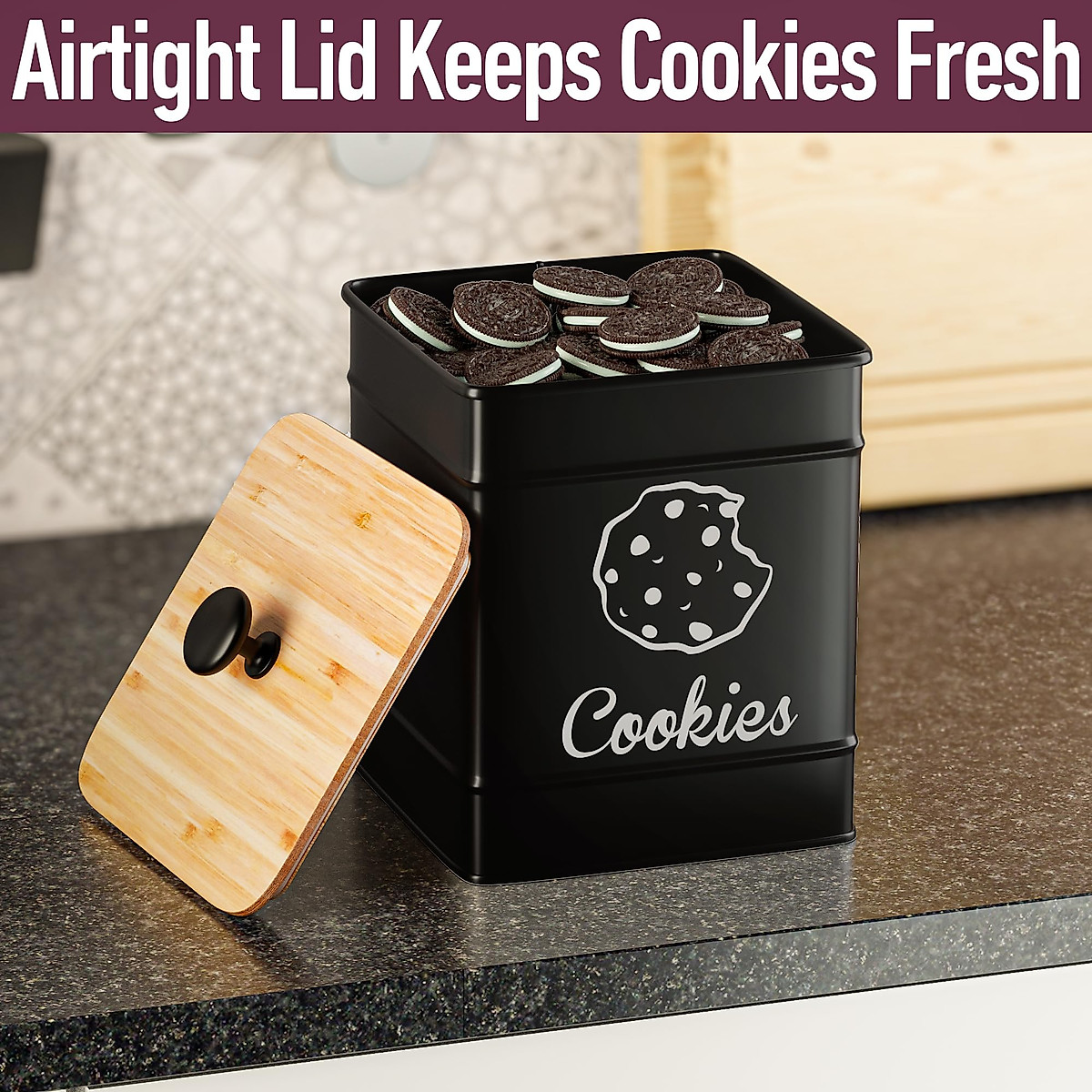 Cookie Jar with Airtight Bamboo Lid - 6"W x 6"D x 8"H Black Iron Cookie Tin - Large Cookie Jars with Lids Airtight - Farmhouse Cookie Jars for Kitchen Counter Decorative - Cute Cookie Jar Airtight Lid