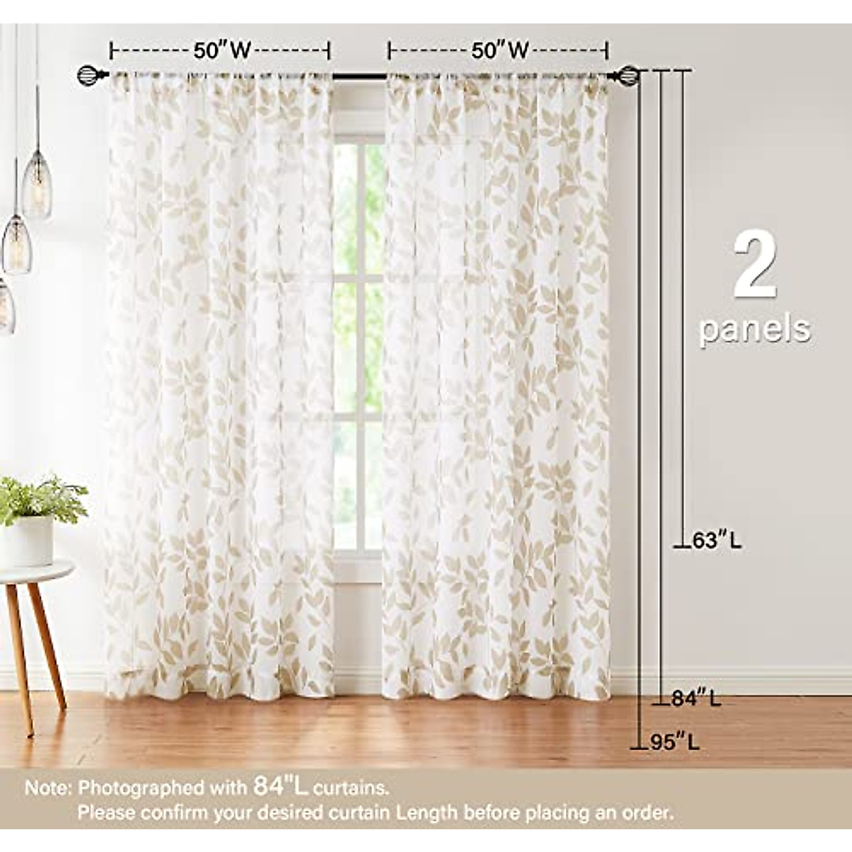 Leaf White Sheer Curtains for Living Room Bedroom 84inches Long Taupe Leaves Print Light Filtering Rustic Window Curtain Panels Botanical Linen Textured Look Drapes for Garden Patio Office 50” w 2pcs