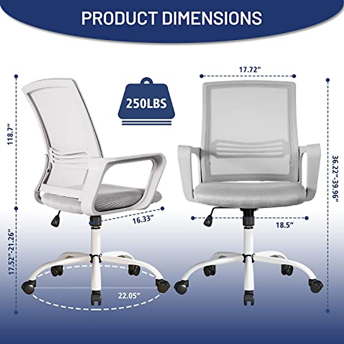 Office Chair, Home Office Desk Chairs, Swivel Desk Chair with Wheels Student Roller Chair for College Study Mesh Task Chair Ergonomic Mid Back for Adults Work, Grey