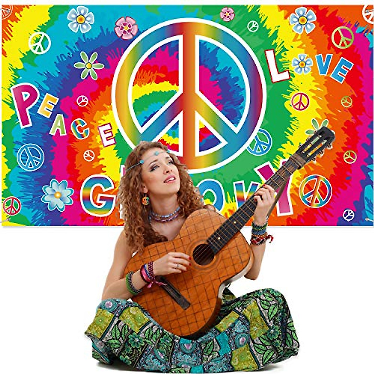 60's Carnival Groovy Decoration Banner Hippie Theme Party Photography Background 60's Party Scene Setters Groovy Wall Decoration Kit Peace and Love for Large Party Supplies 72.8 x 43.3 Inch
