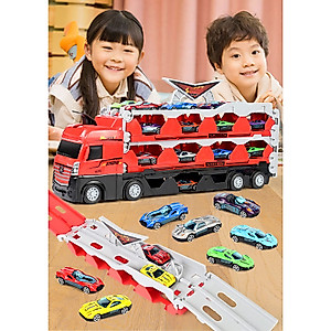 Peticehi Mega Hauler Truck with Ejection Race Track, Kids Deform Catapulting and Shooting Big Truck Folding Storage Transporter Toy, Toy Truck Transporter Car Carrier for Kids 3+ Years Old (8 Car)