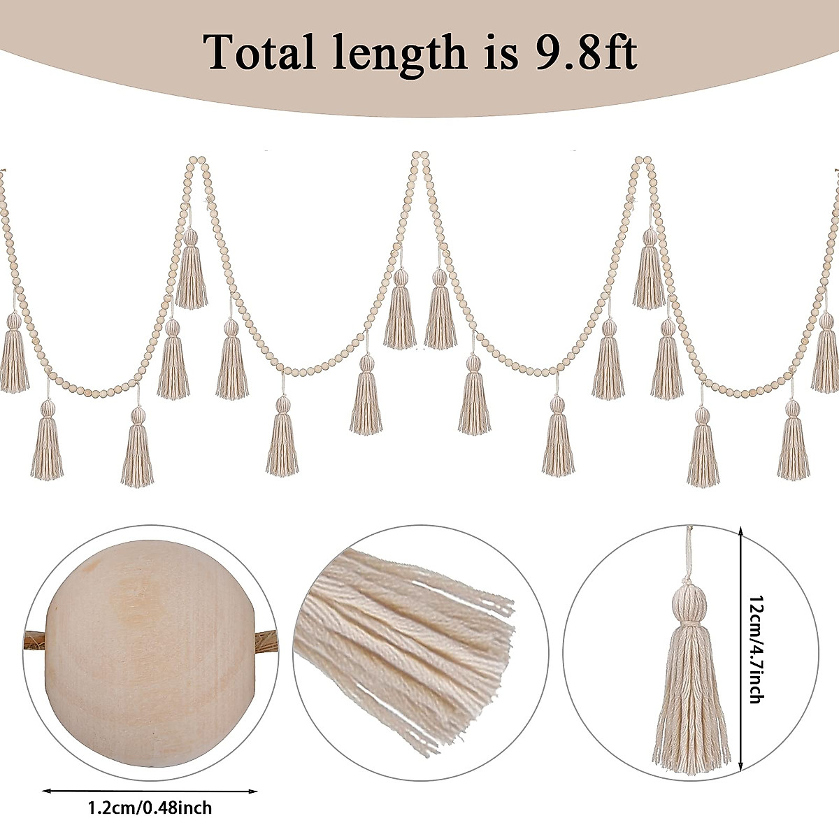 Boho Decor Wooden, 9.8ft Wood Bead Garland with Tassels Bobo Wall Hanging Farmhouse Home Decor Rustic Country Holiday Decoration