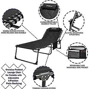 KingCamp Padded Oversized Lounge Chair, Folding Outdoor Chaise Lounge Chair with 5-Position Adjustable, Camping Cot for Beach, Patio, Garden, Pool, Sunbathing with Pillow Side Pocket,Support 300 LBS