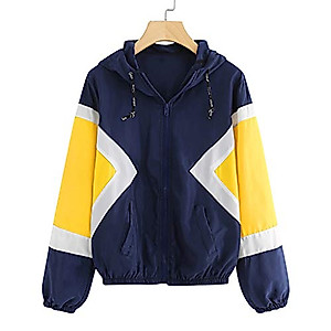 Fheaven Women Casual Long Sleeve Zipper Color Block Patchwork Slim Fit Hooded Sport Coat Yellow