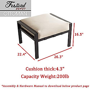 Festival Depot Dining Outdoor Patio Bistro Furniture Ottoman Footstool with Slatted Steel Frame Legs with Embed Premium Fabric Soft & Comfortable 4.3" Cushion Foot Rest for Garden Yard All-Weather