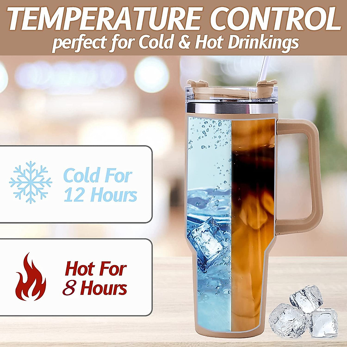 Bileeko 40 oz Tumbler with Handle and Straw, Reusable Stainless Steel Insulated Travel Mug Iced Coffee Cup Maintains Cold, Heat, and Ice for Hours(Driftwood)