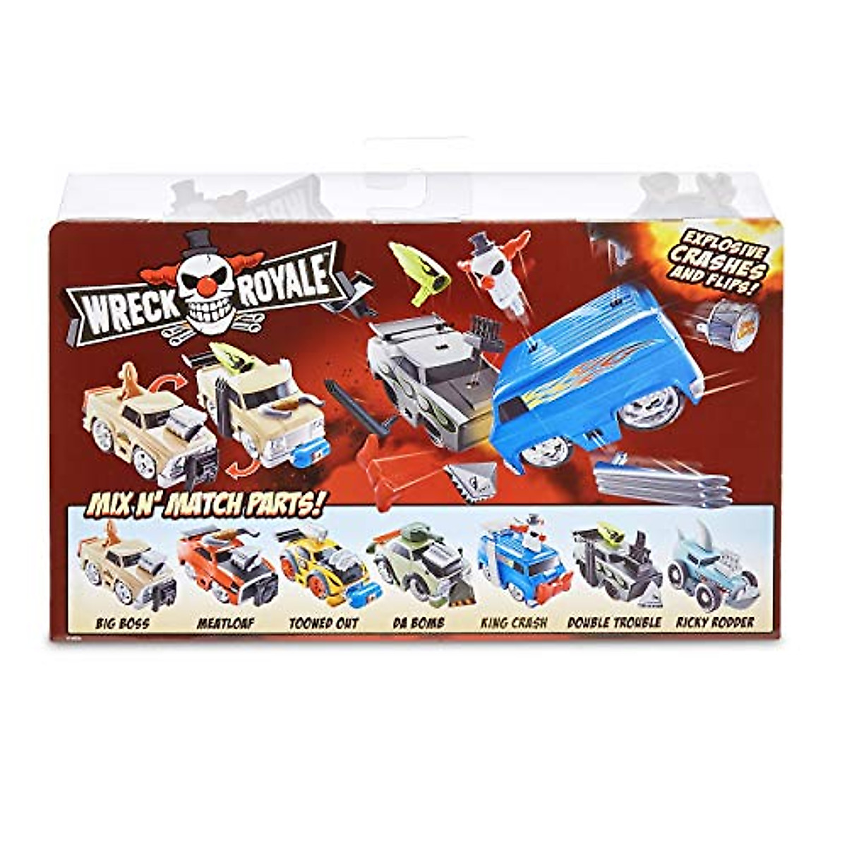 MGA Entertainment Wreck Royale Exploding Crashing 2 Pack Double Trouble Vs. King Cra$H Race Cars with 12 Mix 'N Match Explosive Parts, Multicolor, (Model: 565758)