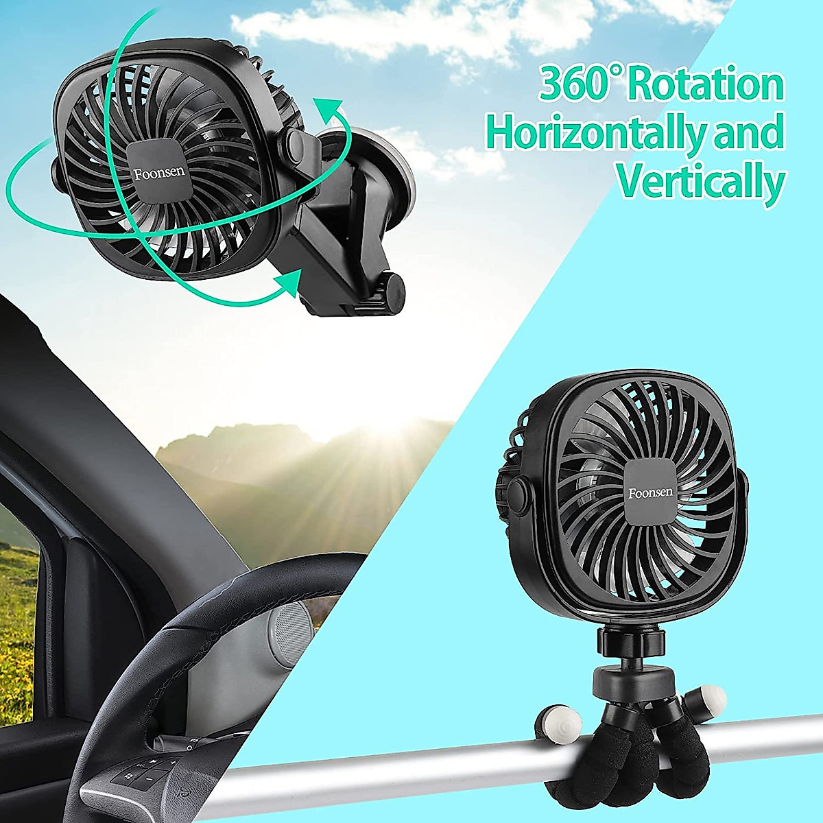 Foonsen Rechargeable USB Stroller Fan, Portable Car Fan, Car Seat Fan, Desk Fan, Flexible Tripod Clip on Bed, Bike, and Crib, Battery Powered, Jet Black