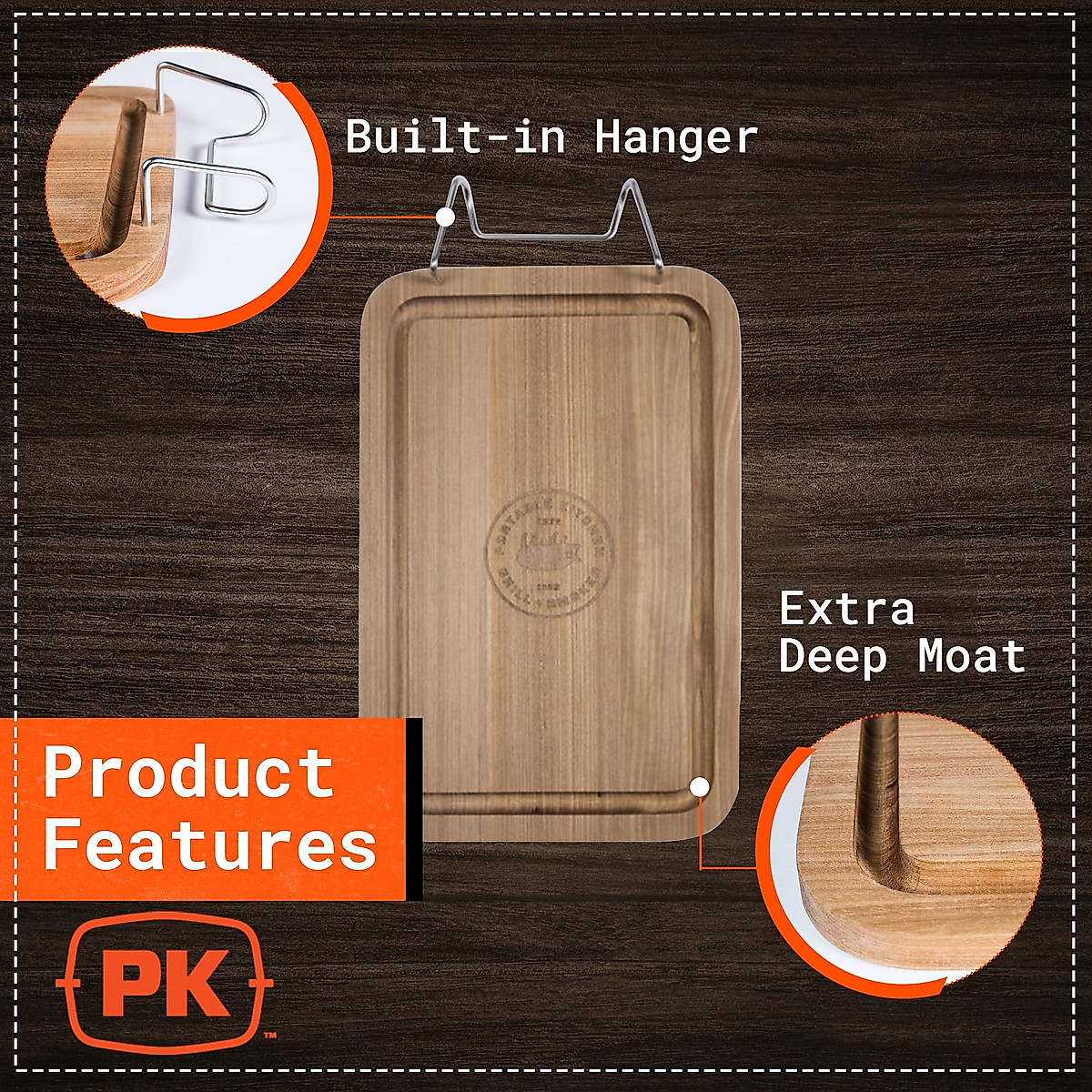 PK Grills Solid Teak Wood Cutting Board for Kitchen, Outdoor, Meat, BBQ, Food, Wooden Chopping Block with Stainless Steel Hanger, PKUA-CB-TW-X