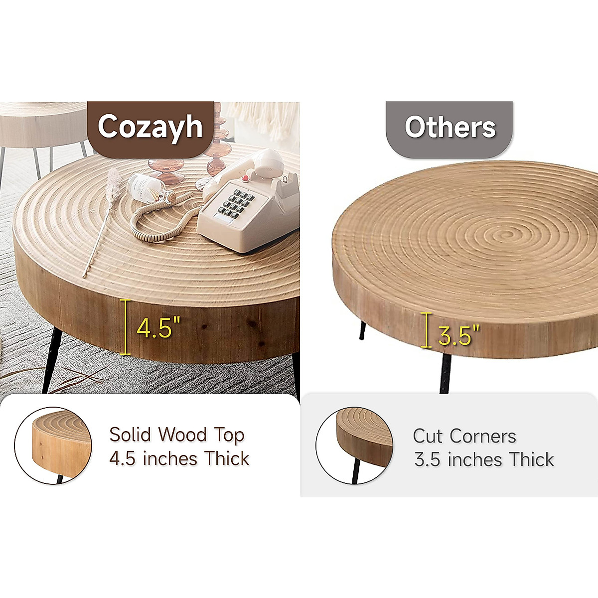 LONYKE 2-Piece Boho Farmhouse Living Room Coffee Table Set, Nesting Table Round Natural Finish with Handcrafted Wood Ring Motif, French Country Decor, Round
