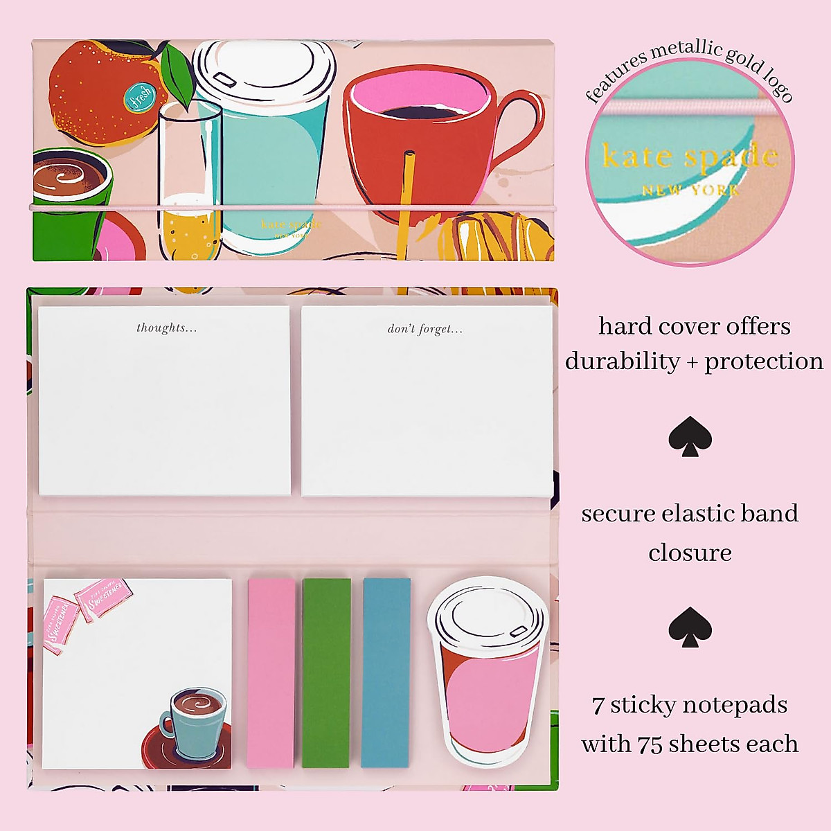 Kate Spade New York Padfolio with 7 Sticky Note Pads, Studying Essentials Set Includes Cute Sticky Notes with 75 Sheets Per Notepad, Rise and Shine
