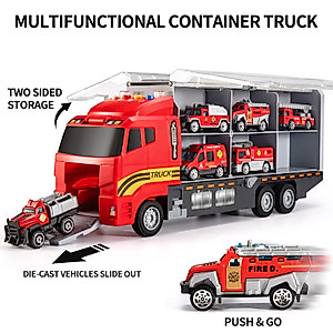 Toddler Toys for 3-9 Years Old Boys Die-cast Emergency Fire Rescue Vehicle Double Side Transport Car Toy Set W/Play Mat, Alloy Metal Fire Truck Gifts for Age 3 4 5 6 Kids Boys Girls Birthday Party