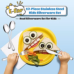 12-Piece Kids Silverware, E-far Stainless Steel Toddler Kids Utensils Safe for Preschooler/Children, Includes 4 Forks 4 Spoons 4 Knife, Slimline Adult Look & Small Size, Rust Free & Dishwasher Safe