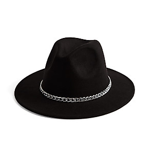 Gossifan Women Men Wide Brim Fedoran Hat with Chain Belt Buckle - Dark Night