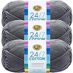 Lion Brand 24/7 Cotton Yarn, Yarn for Knitting, Crocheting, and Crafts, Silver, 3 Pack