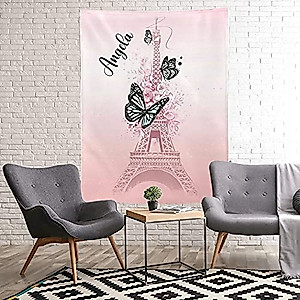 Butterfly and Eiffel Tower Personalized Name Soft Fleece Bed Blankets Throws as Birthday Wedding Gifts for Sofa Couch 50'' x 60''
