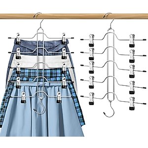 Skirt Hangers with Clips, Jadkysarh 5 Tier Pants Skirt Hangers Space Saving Multi Shorts Hangers with Adjustable Clips Closet Organizer and Storage for Jeans, Leggings - 2 Pack