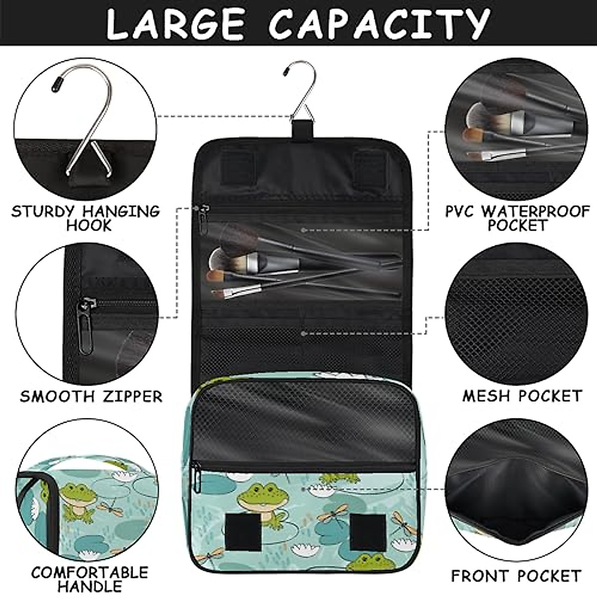 POFATO Frog Dragonfly Lotus Leaf Travel Toiletry Bag Cosmetic Makeup Bag for Women Men Hanging Hook Wash Toiletries Portable Toiletry Bags Organizer
