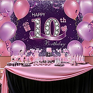 Happy Birthday Party Decorations, Large Fabric Pink Purple Happy 10th Anniversary Birthday Sign Banner Photo Booth Backdrop Background with Rope for Girls Birthday Party Favor, 72.8 x 43.3 Inch