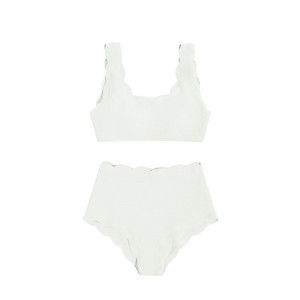 SweatyRocks Women's 2 Pieces Swimsuit High Waist Scalloped Trim Lace Up Bikini Set Plain White L