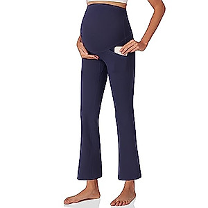 POSHDIVAH Women's Maternity Work Pants Yoga Lounge Stretchy Bootcut Flare Pants Pregnancy Dress Trousers for Business Casual Navy Blue Small