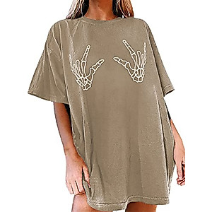 Avanova Women's Skull Graphic Print Oversized Tee Short Sleeve Casual Summer Loose T Shirt A Khaki Medium