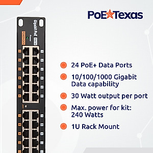 PoE Texas 24 Multi Port PoE+ Injector with 48v 240w Power Supplies - 10/100/1000 Gigabit Passive Power Over Ethernet Means Versatility - 30W PoE Injector for WiFi Access Point, PTZ Camera, IP Phone